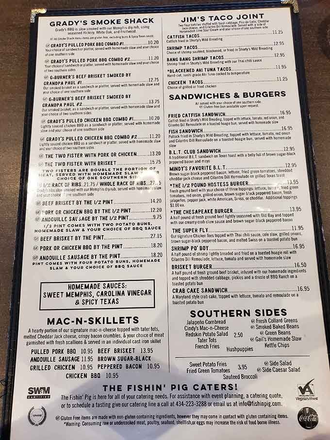 This menu reads like a Southern comfort food encyclopedia, with enough variety to keep you coming back for months.