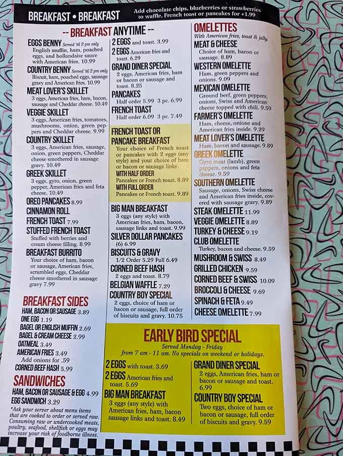 The menu reads like a love letter to American breakfast, and every page deserves your attention.