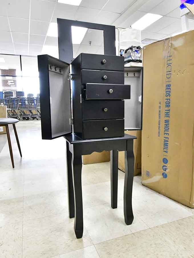 This elegant jewelry armoire looks like it belongs in a fancy boutique, not a discount wonderland.