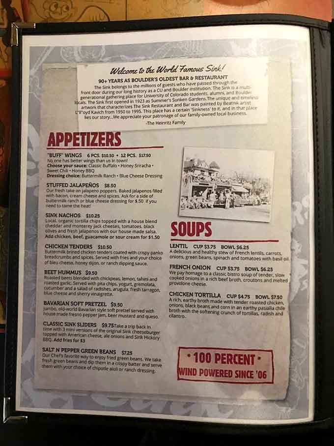 The menu proudly declares 90 years as Boulder's oldest bar and restaurant, plus they're 100 percent wind-powered.