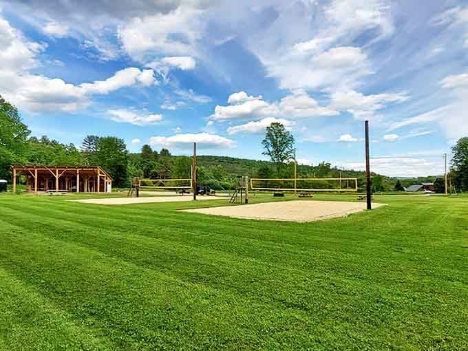 Summer in Vermont means volleyball courts, picnic pavilions, and that perfect small-town recreation area where memories are made between antiquing adventures.
