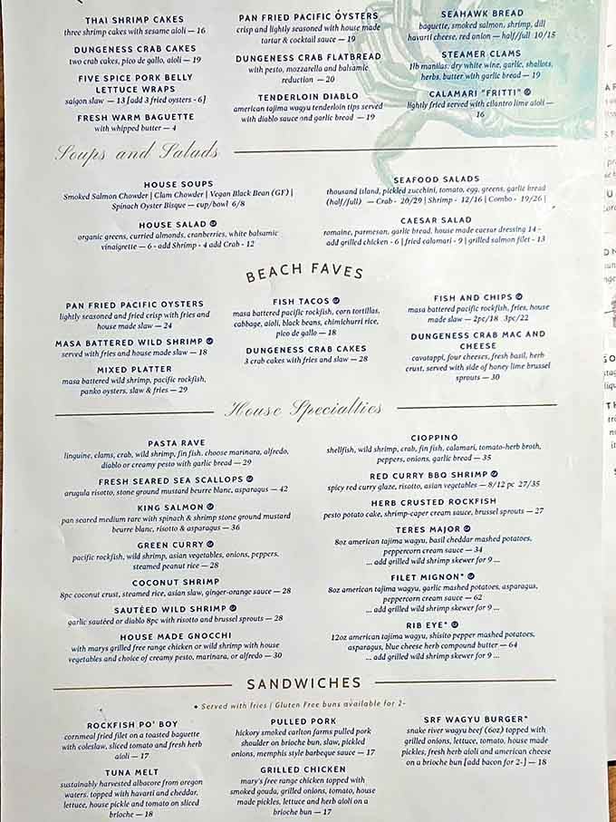 A menu that reads like a greatest hits album of Pacific Northwest seafood, where every choice feels like the right choice.