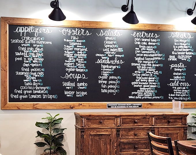 This chalkboard menu changes with the Gulf's bounty, proving fresh beats fancy every single time.