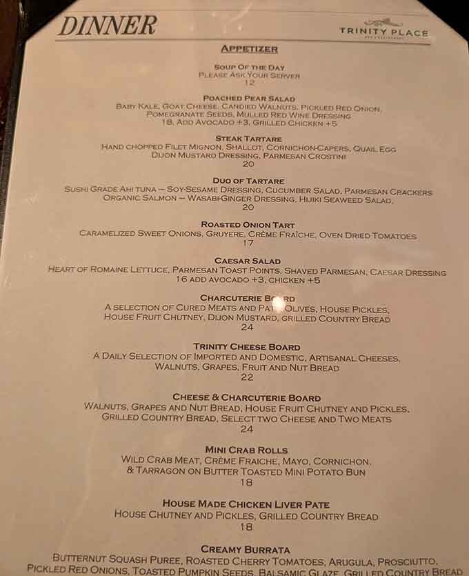 From steak tartare to charcuterie boards, this menu reads like a greatest hits album of American cuisine.