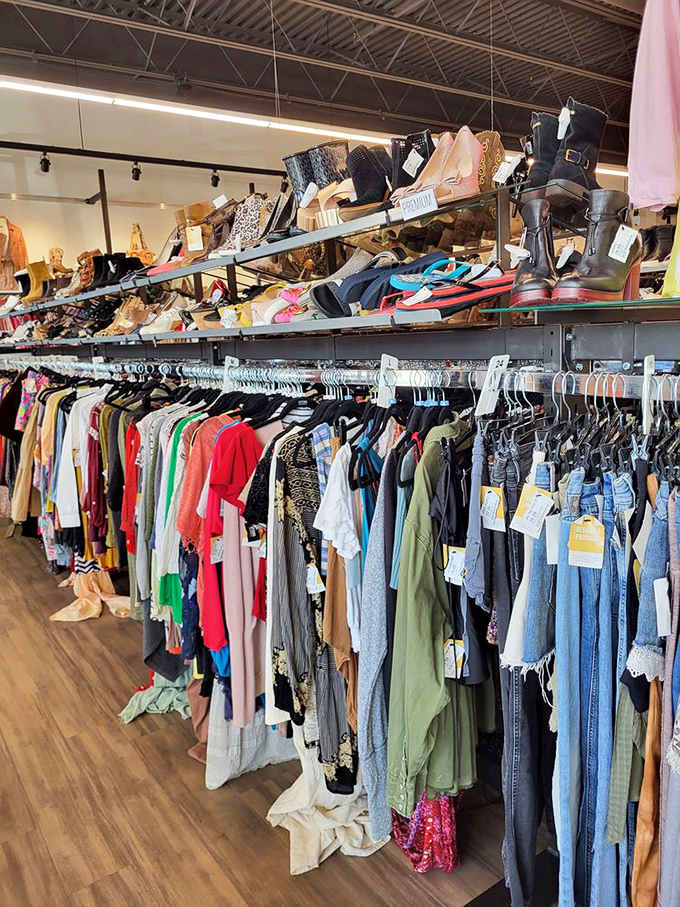 When your closet looks like a rainbow exploded in the best possible way, you're doing thrift shopping right.