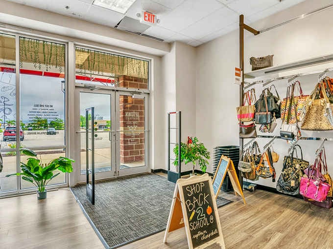 Those decorative plants and the cheerful "Shop Local" sign set a friendly tone before you even step inside.