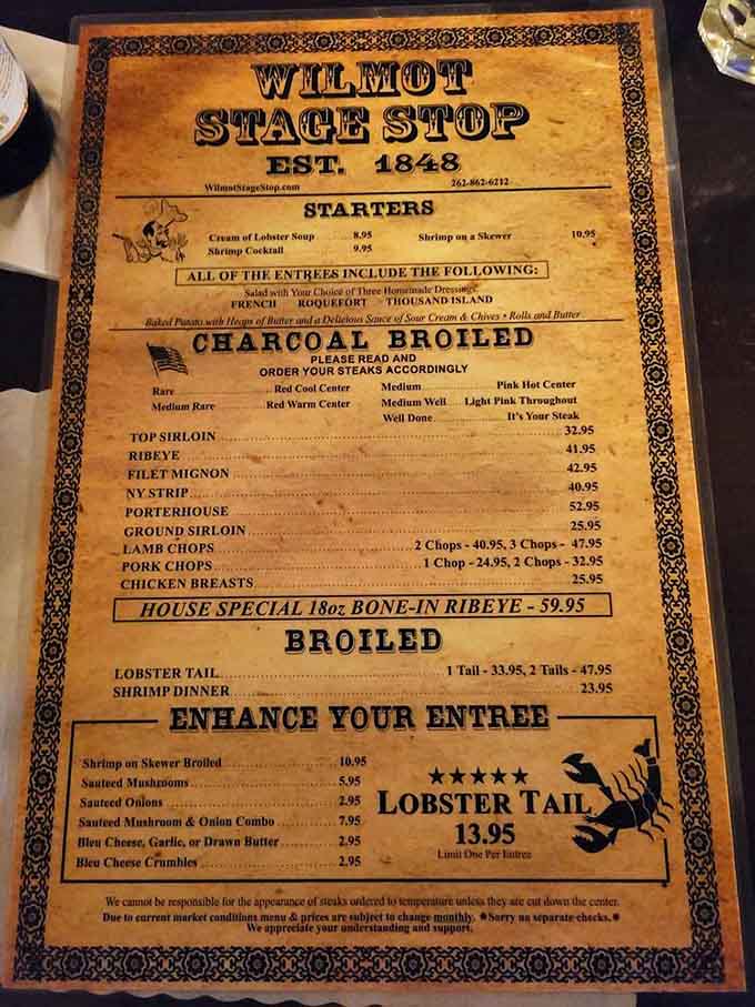 This menu has seen some things over the decades, but that charcoal-grilled promise never gets old, does it?