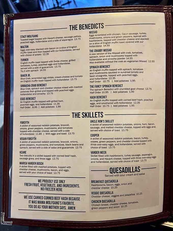 When a menu proudly declares they use canned corned beef hash because Mama Wolfgang loved it, you know they're keeping it real.