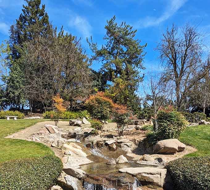 Nature's therapy session at Woodward Park, where a gentle stream cascades over artfully arranged rocks—no co-pay required for this mental health boost.