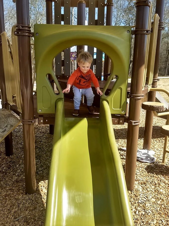 The lime green slide perfectly captures that moment right before pure childhood joy takes over completely.