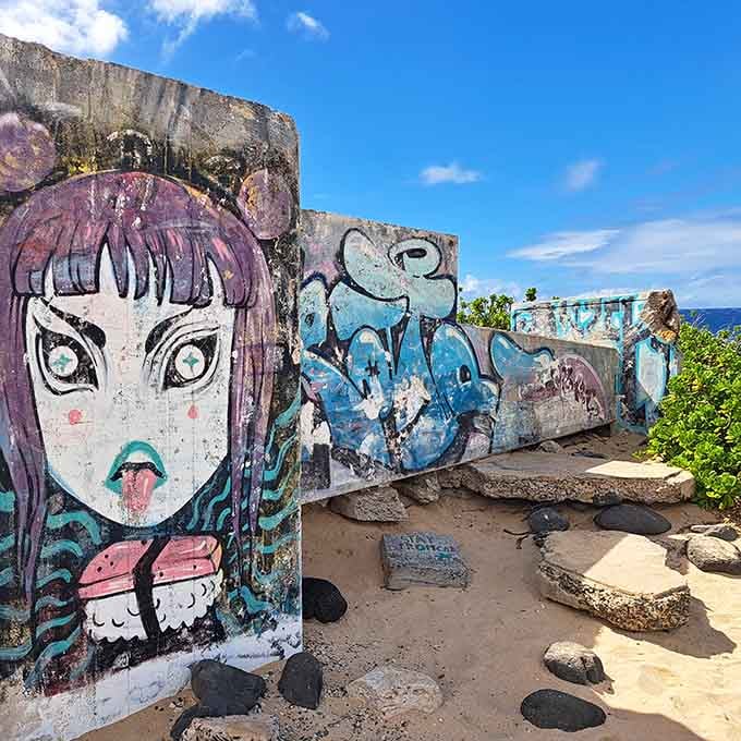 Street art meets paradise at Ka'ena Point. Even the concrete remnants have been transformed into an open-air gallery.