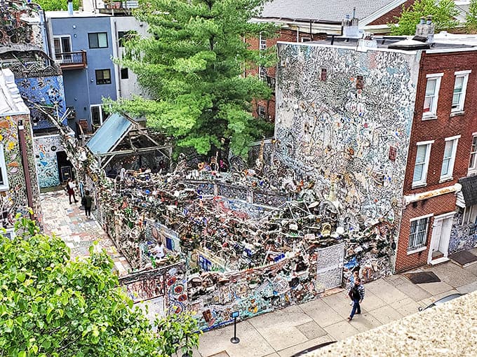 Bird's eye brilliance! From above, the Magic Gardens reveals itself as an urban oasis, a glittering island in Philadelphia's sea of brick.