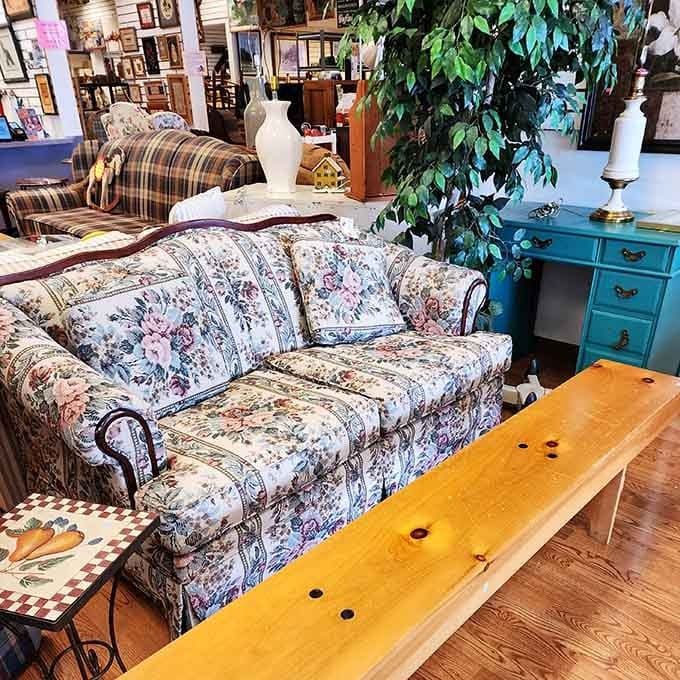 That floral couch isn't just seating&mdash;it's a conversation piece waiting for its second act in your living room.