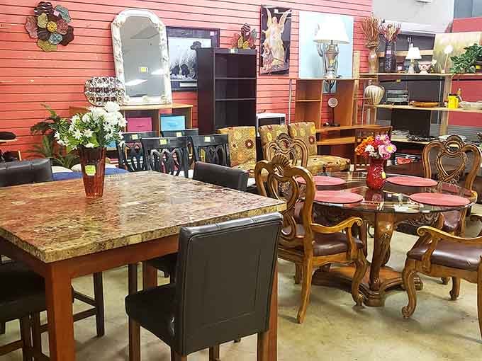 Furniture displays that look like someone raided every interesting estate sale in Indiana and brought it all here.