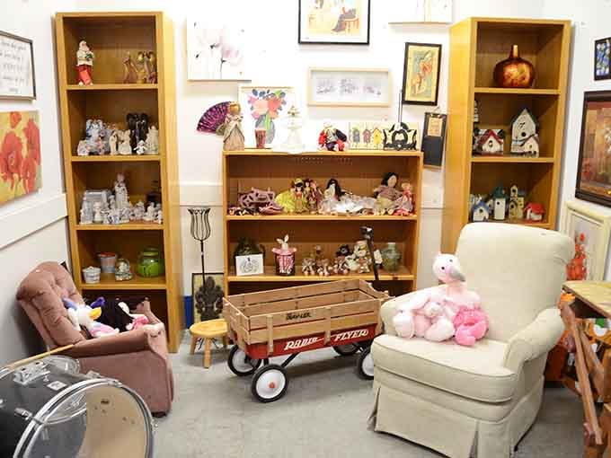 This cozy vignette could be straight from Grandma's living room, complete with a classic Radio Flyer wagon that's ready for its next adventure.