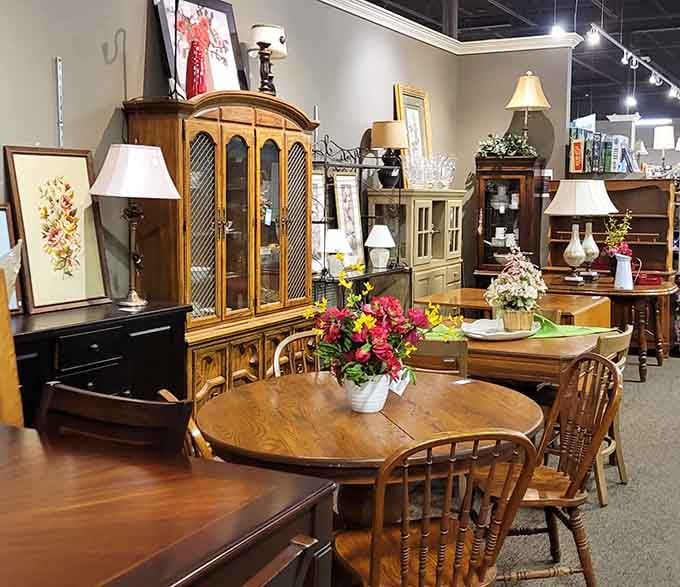 Not your grandmother's hand-me-downs—this furniture section showcases solid wood pieces that look like they've barely been sat upon.