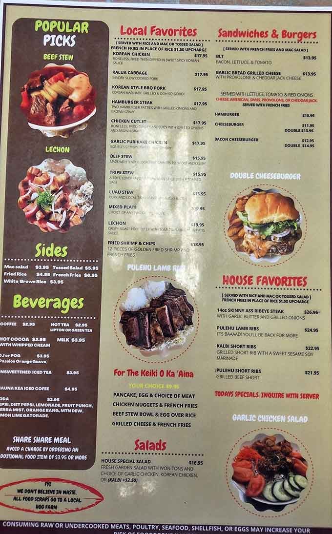 This menu isn't suggesting options so much as throwing down a gastronomic gauntlet. Your stomach is already negotiating terms of surrender.