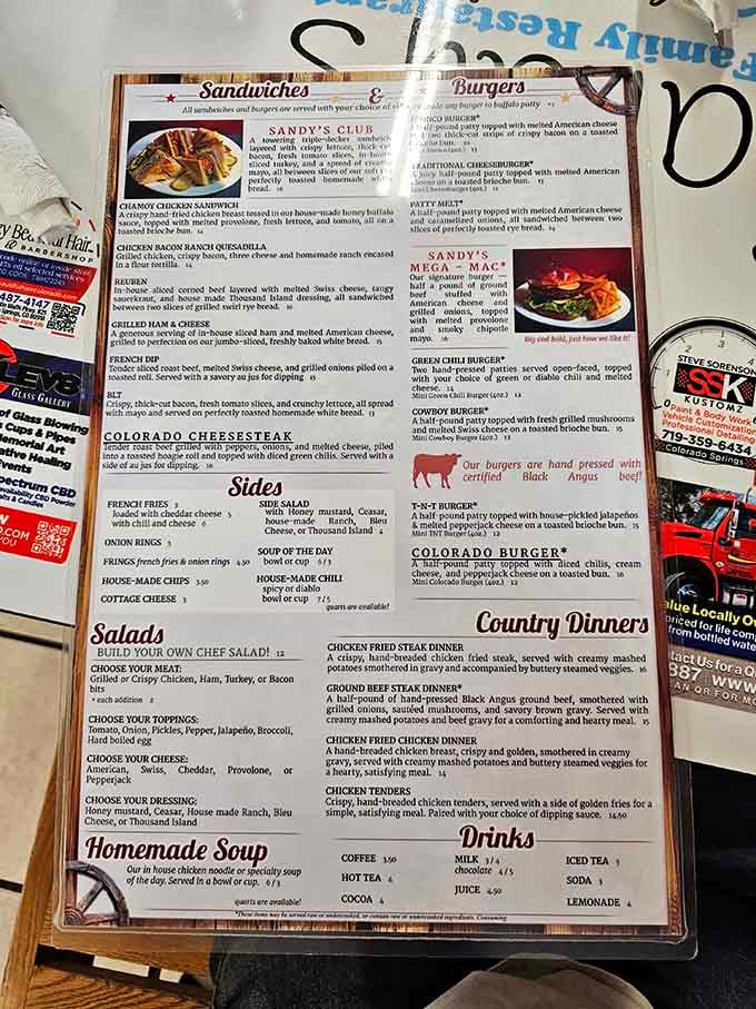 The menu at Sandy's reads like a love letter to American comfort food classics, each description promising satisfaction without pretension.