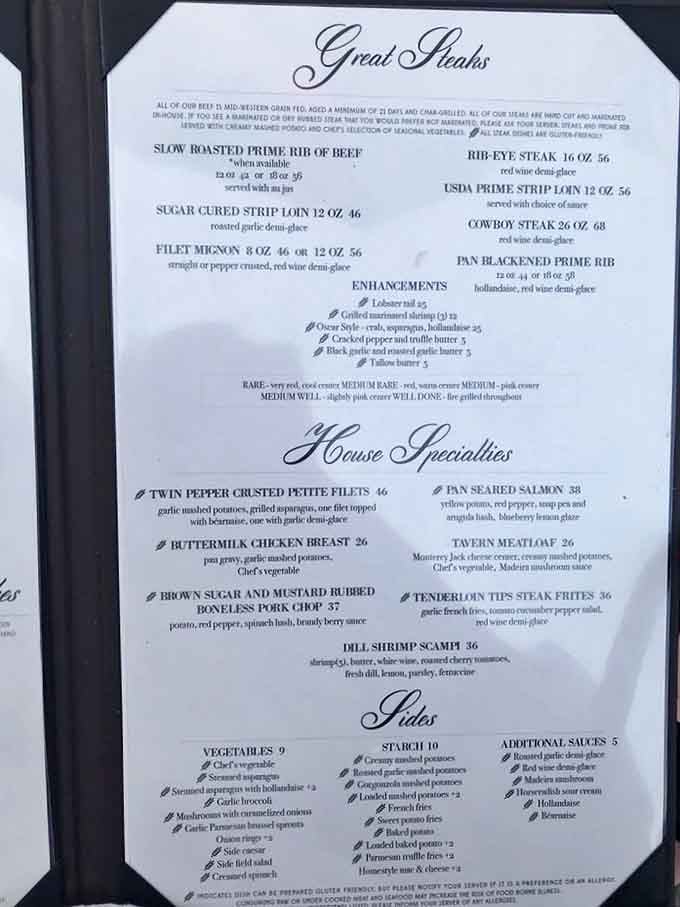 The menu reads like a love letter to carnivores, with each steak description promising a different path to happiness. Choose your own adventure!
