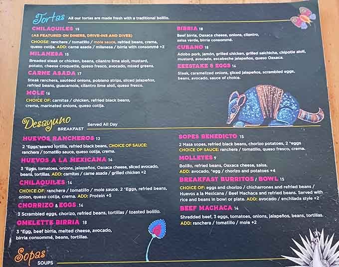 This menu isn't just a list of options&mdash;it's a treasure map where X marks the spot for flavor gold. The Birria section alone is worth the trip.