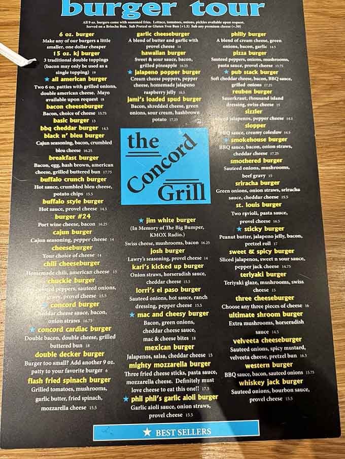 The legendary "burger tour" menu at Concord Grill isn't just a list&mdash;it's a roadmap to happiness with more options than a Netflix homepage.