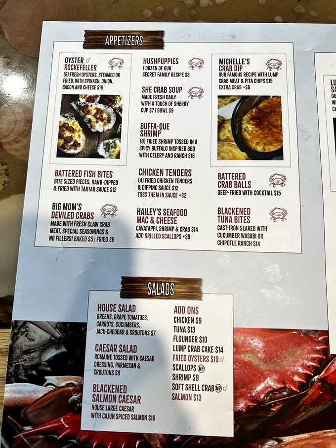 This menu isn't just a list of dishes; it's a treasure map where X marks the spot for She Crab Soup and seafood delights.