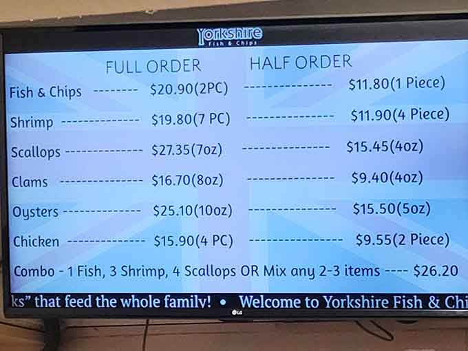 The menu board tells a simple story: seafood treasures prepared with care, no fancy descriptions needed. The classics speak for themselves.