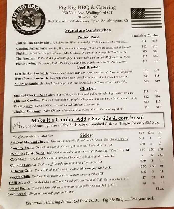 The menu reads like a love letter to smoked meats, with that "PigMac" sandwich practically winking at you from the page.