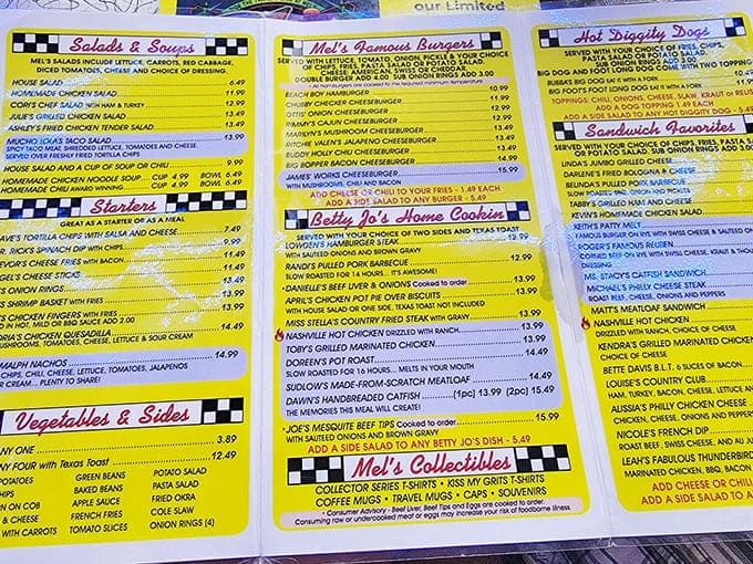 This isn't just a menu&mdash;it's a laminated love letter to American comfort food. Yellow pages filled with possibilities that make decisions deliciously difficult.
