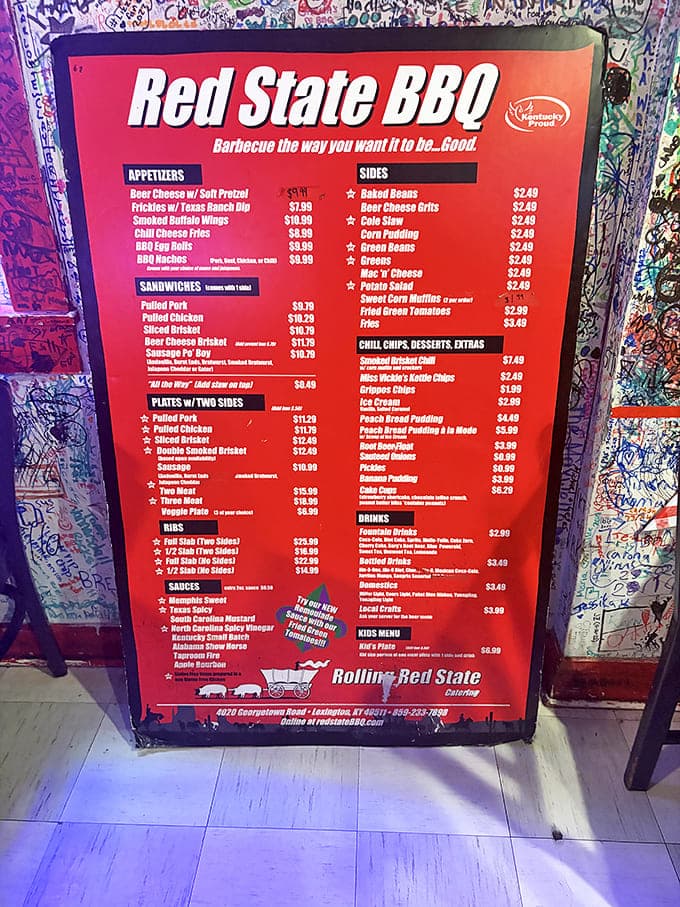 A menu that cuts right to the chase: meat, sides, and all the fixings. No fancy descriptions needed when the food speaks this loudly.