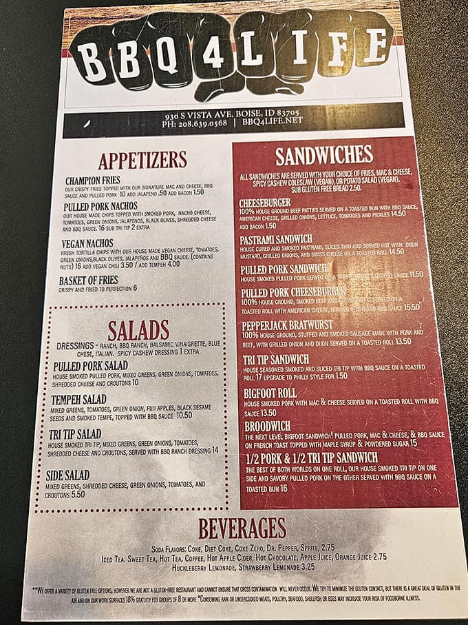 This menu isn't just a list&mdash;it's a roadmap to happiness. Notice how "Tri Tip Sandwich" practically jumps off the page!