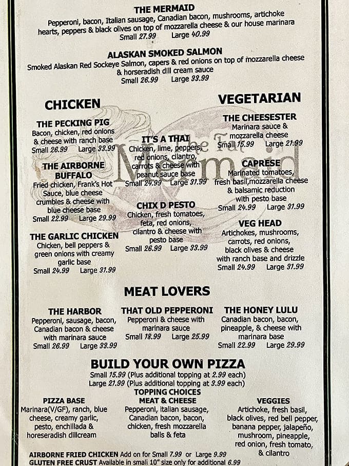 The menu reads like a love letter to seafood enthusiasts, with creative pizza names that would make even the most serious food critic smile.