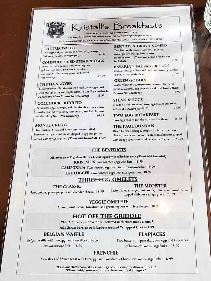 This breakfast menu reads like a love letter to morning indulgence. "The Hangover" isn't just a movie&mdash;it's salvation on a plate after a night of Alpine revelry.