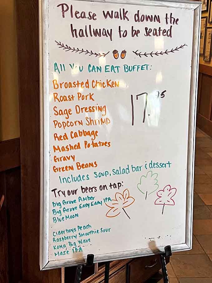 This handwritten menu board isn't just listing food &ndash; it's offering a roadmap to happiness. The buffet promises all the comfort classics your soul craves.