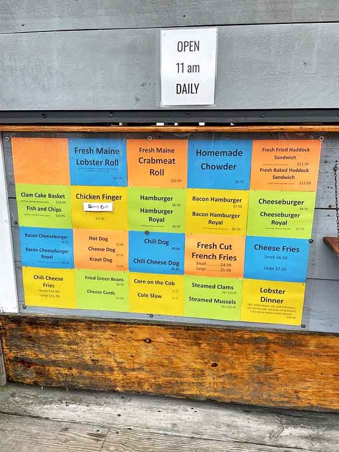 Decision paralysis never tasted so good. The rainbow menu board offers everything from classic lobster rolls to comfort food favorites, all served with a side of coastal charm.