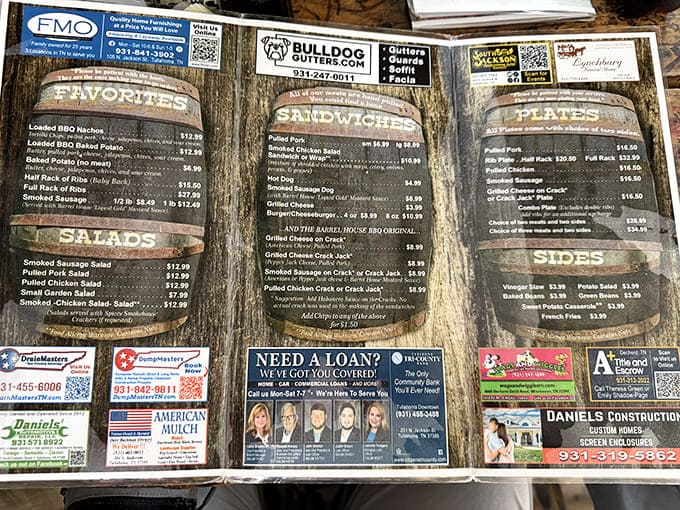 A menu that reads like poetry to hungry souls. Each barrel-shaped section promises comfort food that transcends the ordinary into something magical.