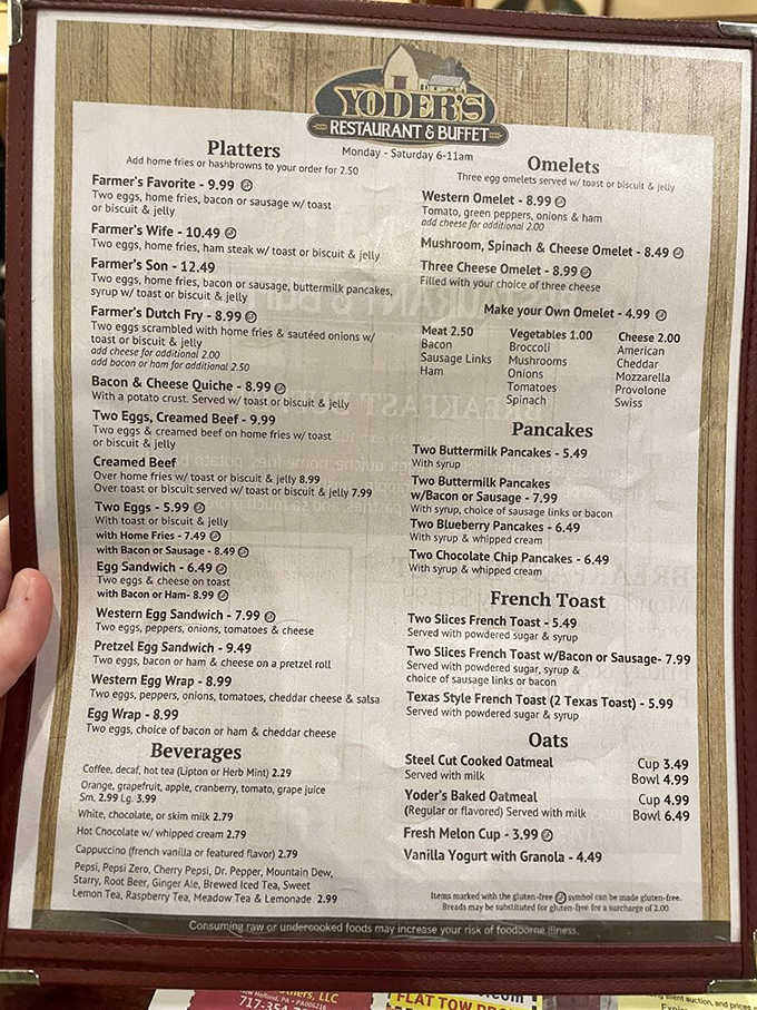 The breakfast menu reads like a love letter to morning hunger, with farmer-themed platters that could fuel a day of plowing fields or outlet shopping.