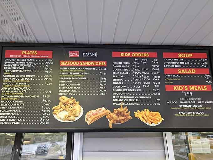 The menu board tells a simple story: seafood done right, no gimmicks needed. A roadmap to happiness for the hungry.