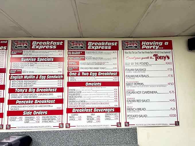 The menu board at Tony's reads like a love letter to Chicago comfort food&mdash;breakfast, beef, and everything in between.