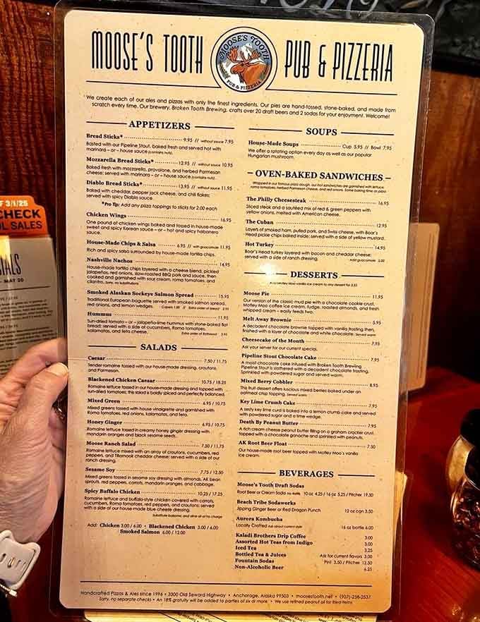This menu isn't just a list&mdash;it's a treasure map to culinary bliss. Each pizza name promises an Alaskan adventure without requiring snowshoes or bear spray.