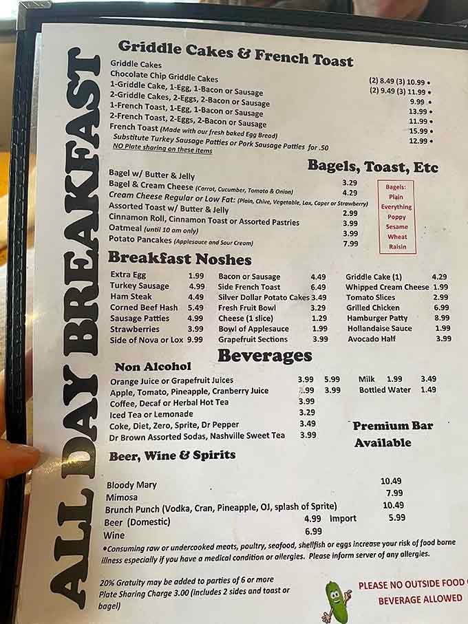 The breakfast menu reads like a love letter to morning indulgence&mdash;griddle cakes, bagels, and those magical "breakfast noshes."