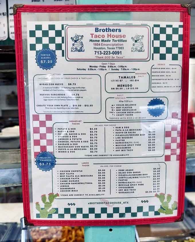 A menu that feels like a time machine to when five bucks could actually buy you a satisfying meal. The "Thank GOD for Tacos" motto says it all.