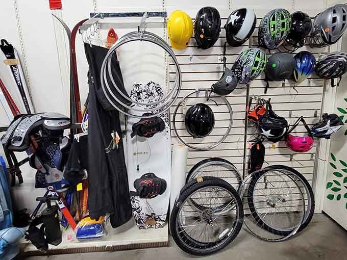 A wall of wheels, helmets, and sporting possibilities&mdash;proof that adventure doesn't need to come with a premium price tag.