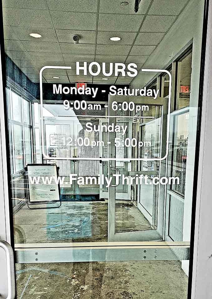 The store hours sign&mdash;your invitation to the thrifting Olympics. Monday through Sunday, the treasure hunt awaits!