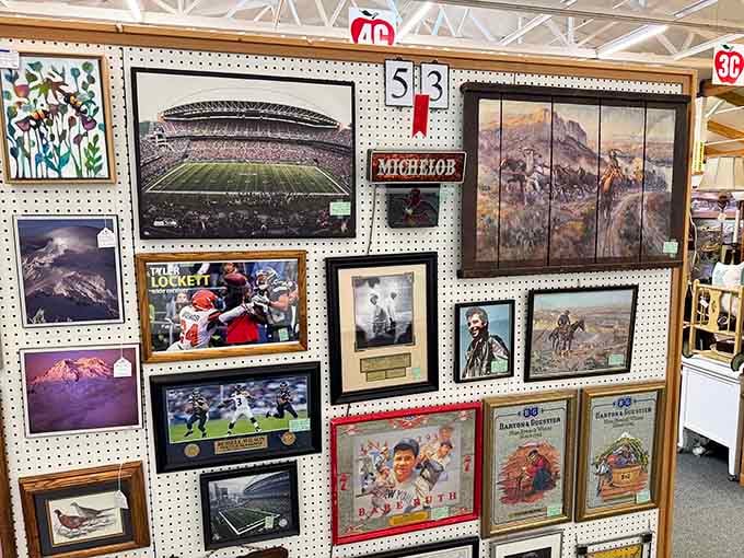Sports memorabilia heaven! Where else can you find Seahawks glory, mountain vistas, and vintage beer signs living together in perfect harmony?