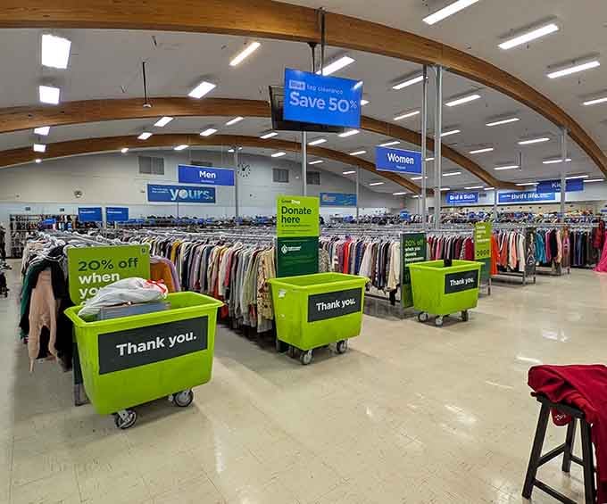 Bright green donation bins remind you that giving back feels as good as finding that perfect vintage lamp.