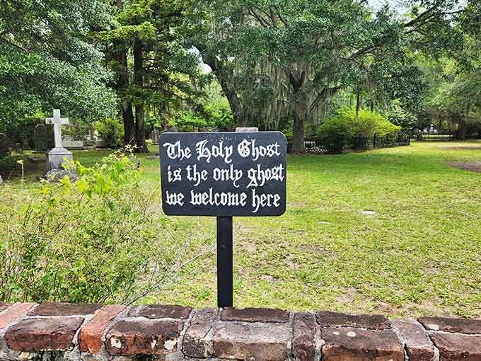 That sign sets the ground rules pretty clearly: one ghost policy, strictly enforced by the management upstairs.