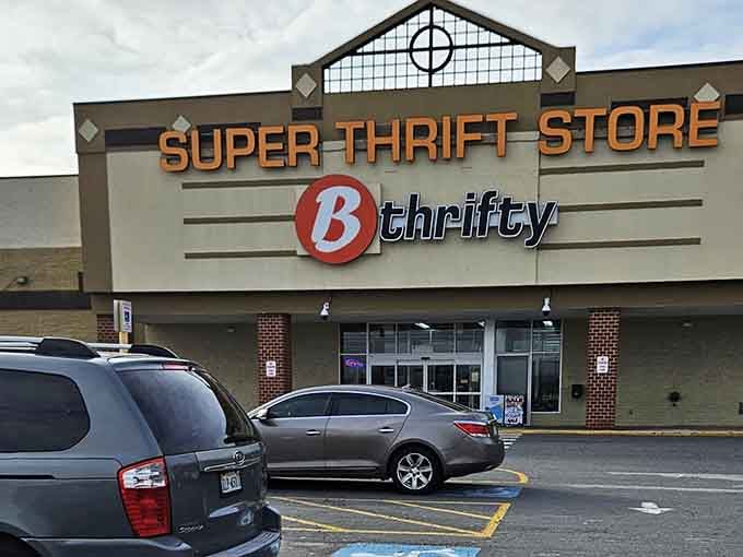 That "Super Thrift Store" sign towers above like a beacon guiding treasure hunters to their happy place.