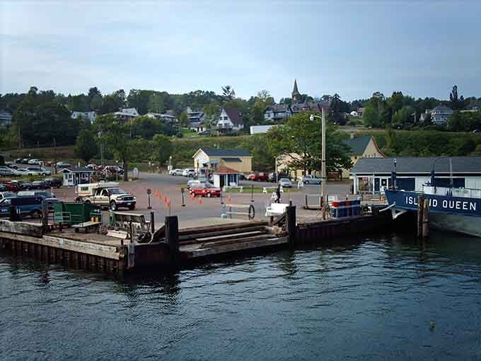 The ferry dock stretches into Lake Superior's waters, connecting mainland life to island adventures waiting across the waves.