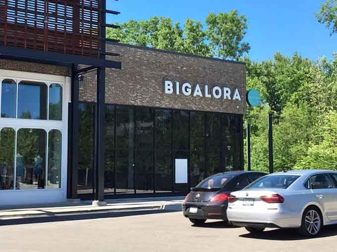 Bigalora's modern exterior might look upscale, but inside it's all about that wood-fired pizza magic.
